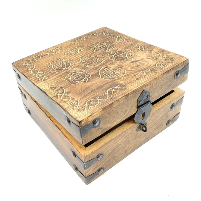 Chakra Stained Wooden Box | Carved Chakra Symbols Box | 3.75" x 7.25 ...