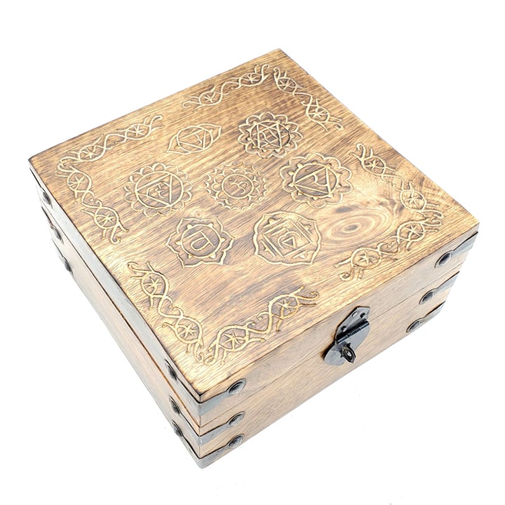 Chakra Stained Wooden Box | Carved Chakra Symbols Box | 3.75" x 7.25 ...